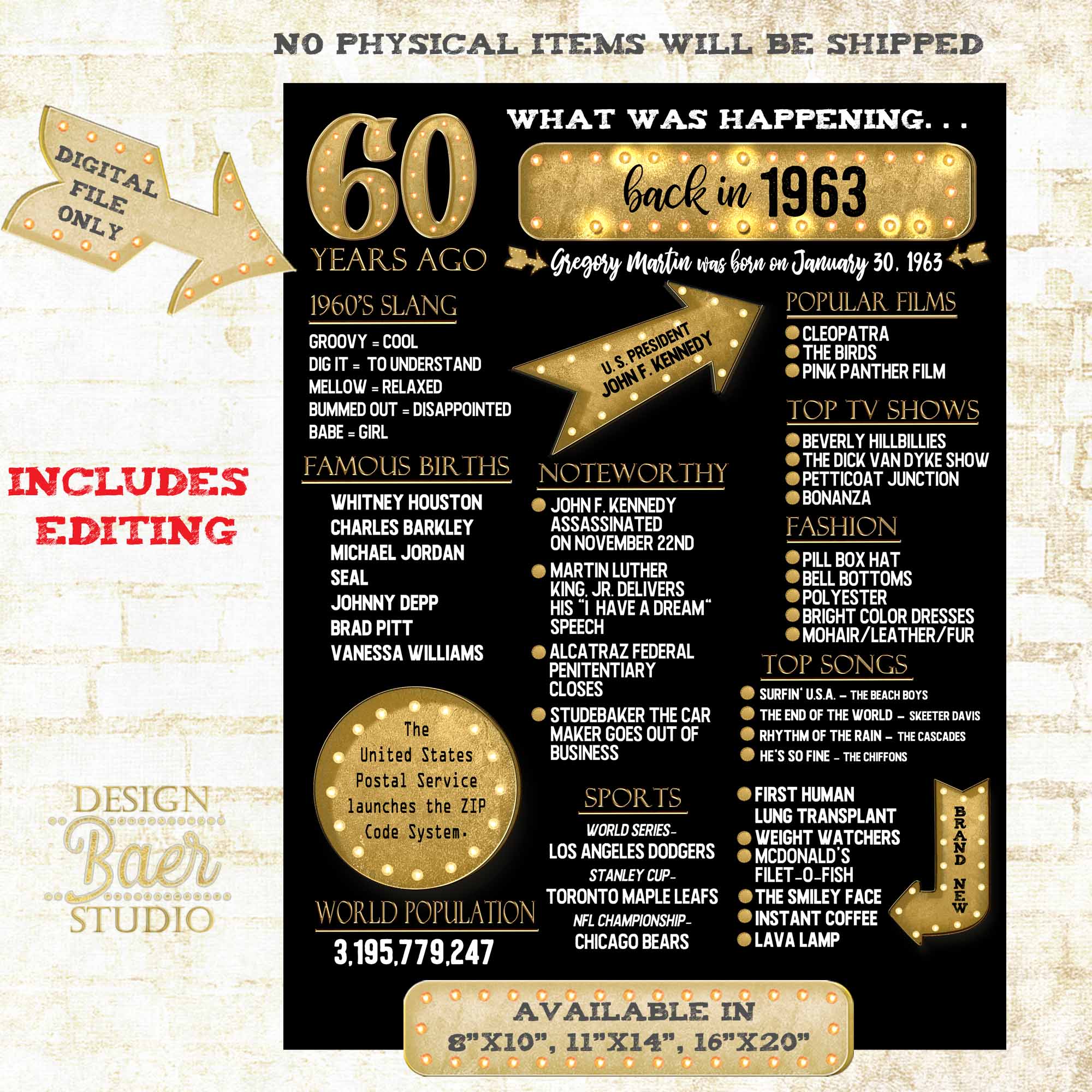 NEW 60th Birthday Party Ideas Commemorative Back In 1963 Poster