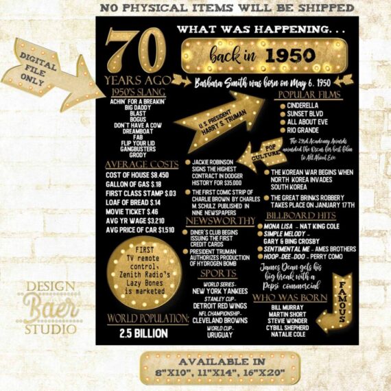 1950 Fun Facts Poster:Black and Gold 1950 70th Birthday Digital Card ...